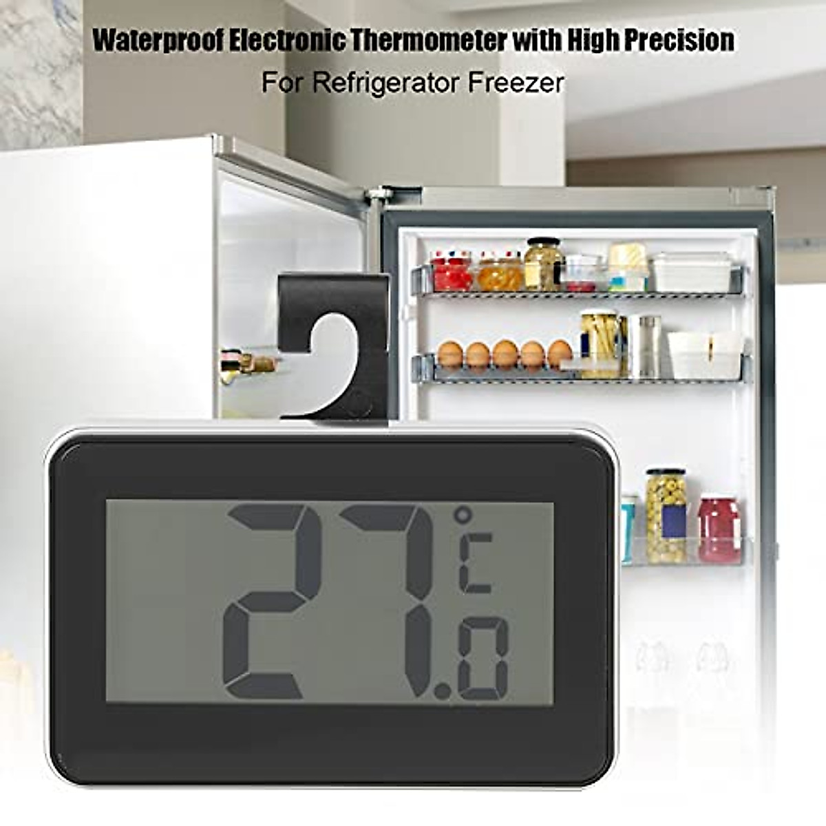 Hanging Electronic Thermometer, Compact Thermometer, Magnetic ℃ / ℉ Display for Home Refrigerator(Black)