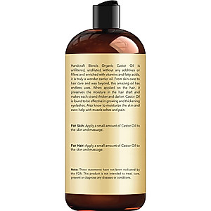 Handcraft Blends Organic Castor Oil - 16 Fl Oz - 100% Pure and Natural - Premium Grade Oil for Hair Growth, Eyelashes and Eyebrows - Carrier Oil - Hair and Body Oil - Expeller-Pressed and Hexane-Free
