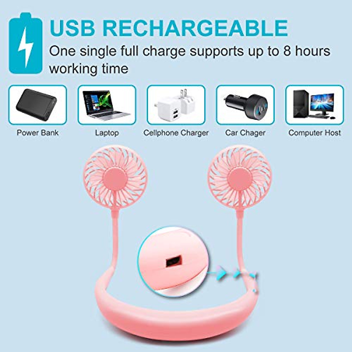 Hand Free Fan, Portable Neck Fan, Personal Hands Free Fan Headphone Fan USB Rechargeable Battery USB Neck Fan Adjustable Strong Airflow Light for Outdoor, Sport, Home, Office, Travel (Black)