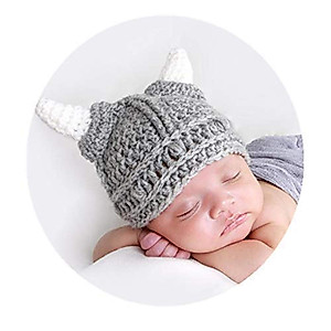 Baby Beard Viking Knit Hat Barbarian Bull Horn Crochet Handmade Knit Beanie Hat