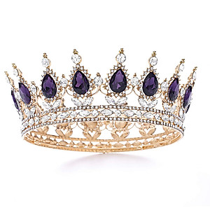 Foyte Baroque Queen Crown and Tiaras Sparkly Rhinestone Wedding Crown Bride Tiaras Princess Full Round Tiaras Headpieces for Women (Purple)
