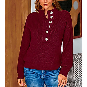 Okiwam Women's V Neck Button Sweater Loose Long Sleeve Cable Knit Pullover Fall Casual Jumper Top