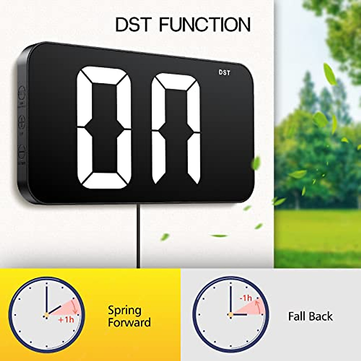 Zgrmbo Plug-in LED Digital Wall Clock with DST, Week and 4" Huge Clear Digits, 12/24H Format, Auto-Dimming, Battery Backup, Silent Wall Clock for Farmhouse, Living Room, Bedroom, Classroom, Office