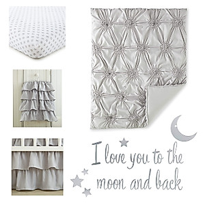 Levtex Baby - Willow Crib Bed Set - Baby Nursery Set - Grey - Soft Rosette Pintuck - 5 Piece Set includes Quilt, Fitted Sheet, Diaper Stacker, Wall Decal & Crib Skirt/Dust Ruffle