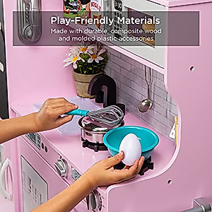Best Choice Products Pretend Play Kitchen Wooden Toy Set for Kids with Realistic Design, Telephone, Utensils, Oven, Microwave, Sink - Pink
