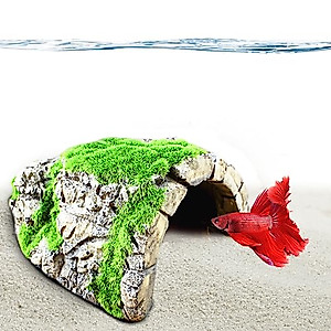 SunGrow Gecko & Ball Python Rock Cave, for Betta Fish, Hermit Crab, Shrimp, Tank Decor Ornaments, House Aquarium Hideout Décor for Aquatic Frog Pets, Resin Hideaway with Artificial Moss