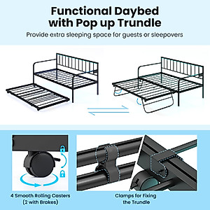 Giantex Twin Daybed with Trundle, Metal Day Bed with Charging Station & LED Lights, Sofa Bed Frame with Pop up Trundle, Metal Slats Support, Trundle Bed Twin for Living Room, Guest Room, Black