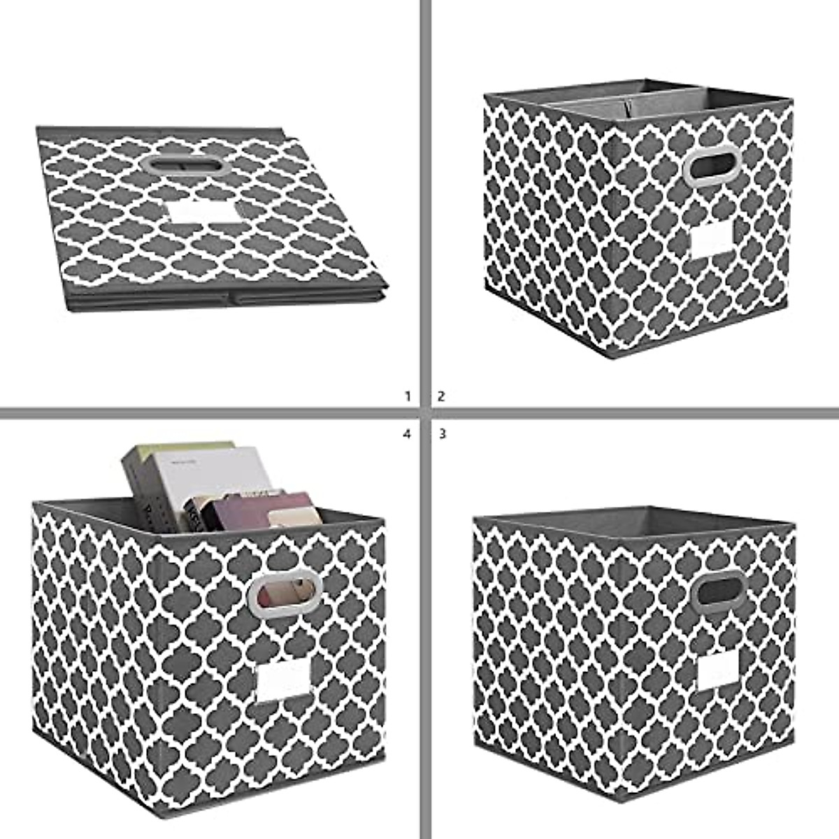 homyfort Cube Storage Organizer Bins 13x13 - Fabric Storage Cubes Bin Foldable Baskets Square Box with Labels and Dual Plastic Handles for Shelf, Nursery, Cabinet, Clothes, Toys, Set of 4 (Grey)