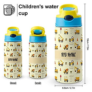Mrokouay Custom Cartoon Excavator Car Kids Water Bottle with Straw Lid Personalized Add Your Text Stainless Steel Sports Water Bottles Customized Reusable Leak-Proof Toddlers Cup for School, Travel