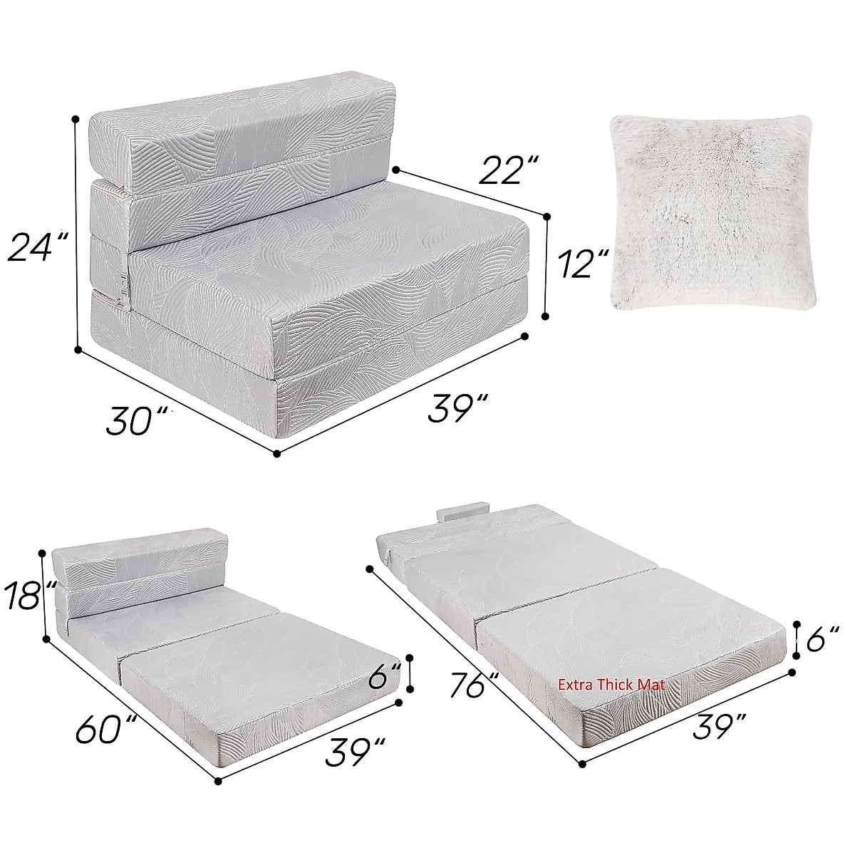 LOVMOC Tri Folding Sofa Mattress, High-Density Memory Foam Sofa Bed with a Fluffy Pillow, Futon Floor Couch Guest Bed, Twin Size, Grey