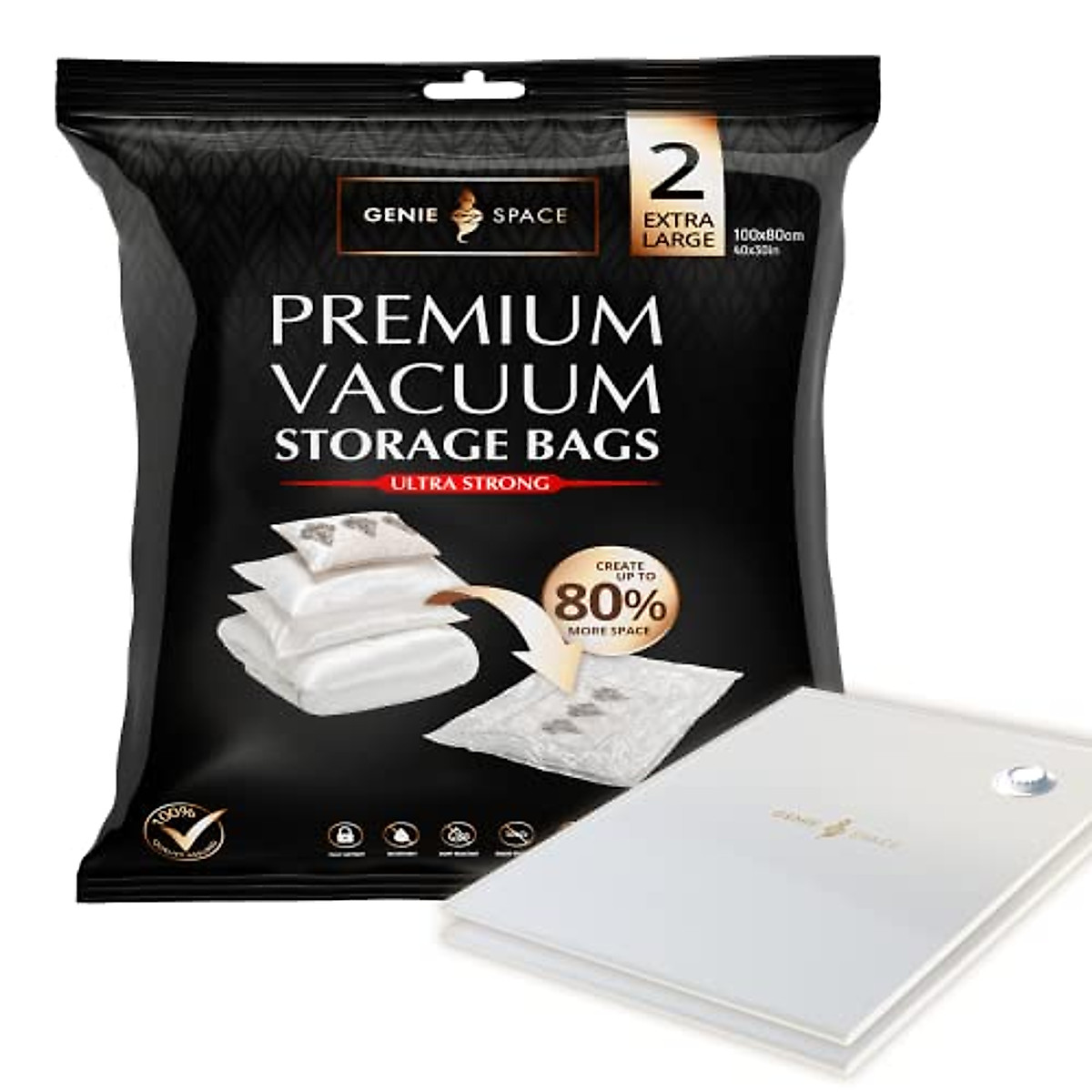 GENIE SPACE - Incredibly Strong Premium Space Saving Vacuum Bags Storage | 2 x EXTRA LARGE (40x30in) | Airtight & Reusable | Create 80% more space | For Clothes, Towels, Bedding, Duvets and more..