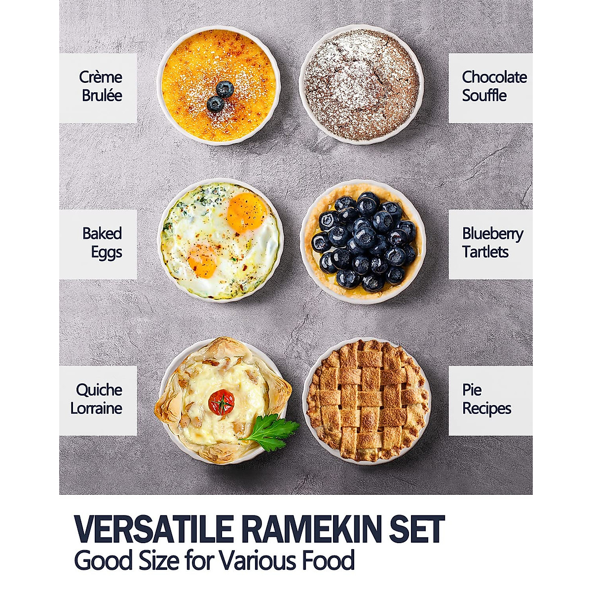 Taeochiy 8 Oz Creme Brulee Ramekins, Porcelain Ramekins Oven Safe, Round Tart Pan Mini Fluted Quiche Dishes, Set of 6, White