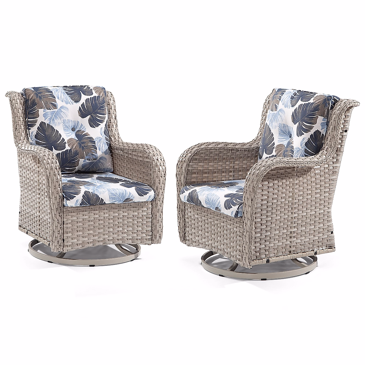 MeetLeisure Outdoor Swivel Rocker Wicker Chair Set of 2, High Back Swivel Patio Chairs Wicker Furniture, 2PCS Rattan Swivel Rocking Chairs with OIefin Cushions(Monstera Blue)