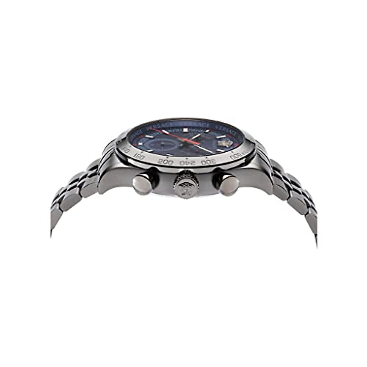 Versace Hellenyium Collection Luxury Mens Watch Timepiece with a Grey Bracelet Featuring a Grey Case and Blue Dial