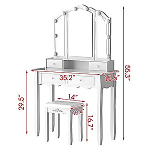 GinguoHome Vanity Set with Lighted Mirror, White Dressing Table,Makeup Vanity with Tri-Fold Mirror and 10 LED Dimmable Bulbs,Dressing Table with Cushioned Stool&4 Drawers,for Bedroom Vanity Desk White