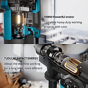 Tilswall 1-1/4 Inch SDS-Plus Rotary Hammer Drill 1500W, Safety Clutch 4 Function and Adjustable Soft Grip Handle with Vibration Control, Including Grease, Chisels and Drill Bits with Case