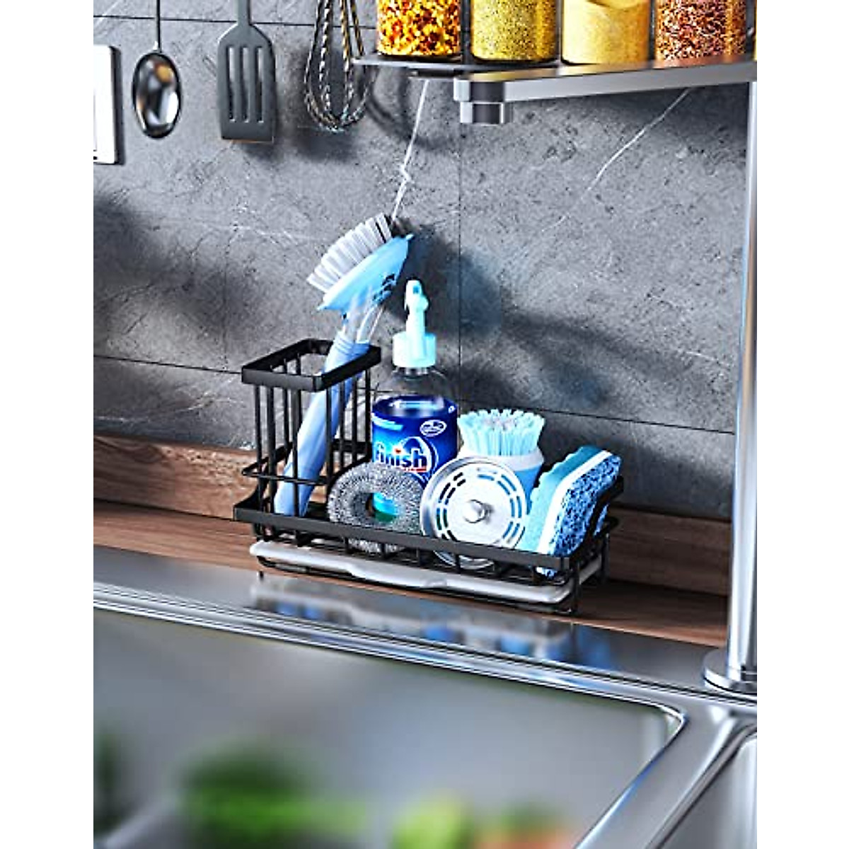 Consumest Sponge Holder for Kitchen Sink, Sink Caddy Kitchen Sink Organizer with Removable Drip Tray for Countertop Dish Soap Holder Dispenser Brush Holder, 304 Stainless Steel - Black