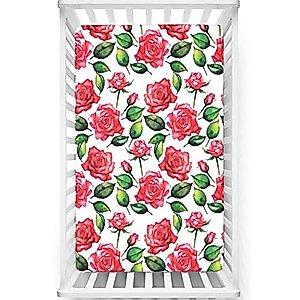 Rose Themed Fitted Mini Crib Sheets,Portable Mini Crib Sheets Soft Toddler Mattress Sheet Fitted-Great for Boy or Girl Room or Nursery,24“ x38“,White Green Red