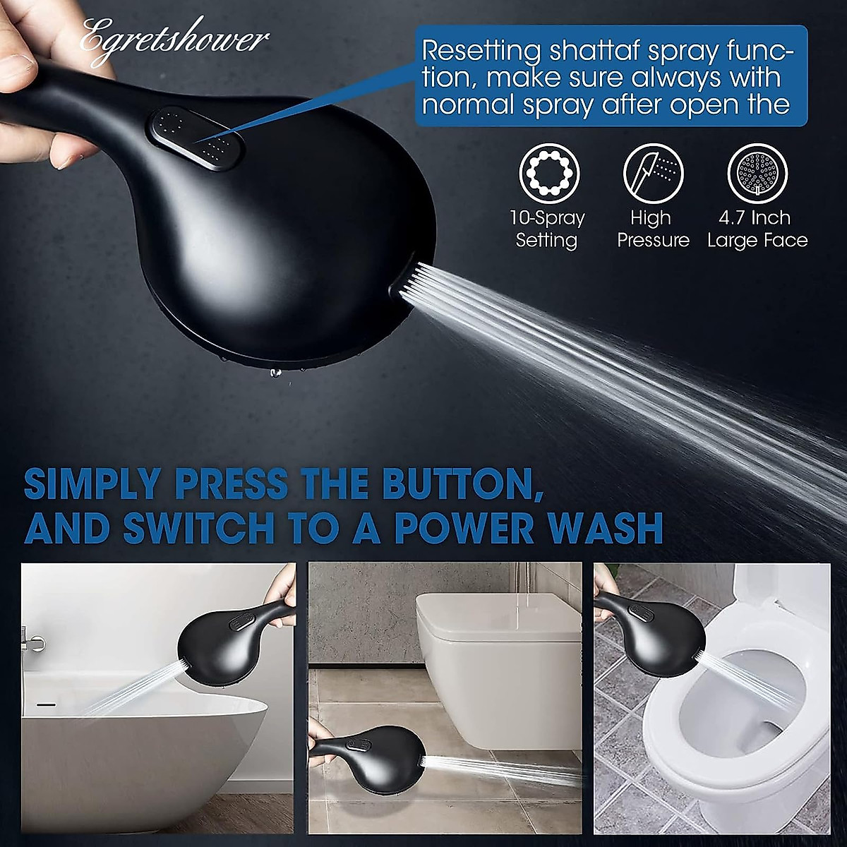 High Pressure Handheld Shower Head, 10-Setting Showerhead, 4.7”Detachable Showerhead Set with 5ft Hose, Adjustable Bracket and Built-in Power Wash to Clean Tub, Tile & Pets - Black