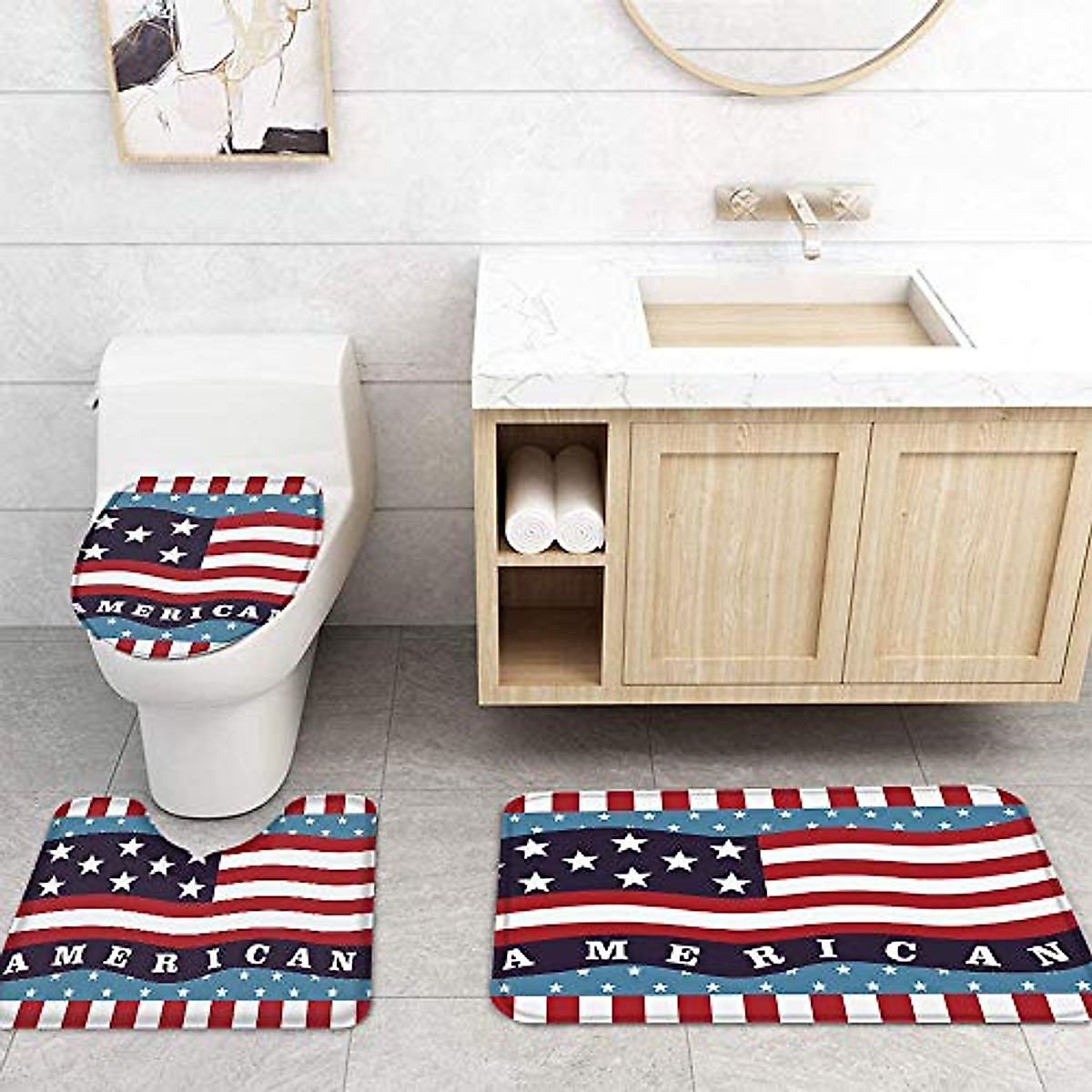 4PCS Bathroom Set Independence Day 4th of July Shower Curtain Sets with Non-Slip Rugs Toilet Lid Cover and Bath Mat Embroidery American Flag Stars and Stripes Simple Bath Curtains with 12 Hooks