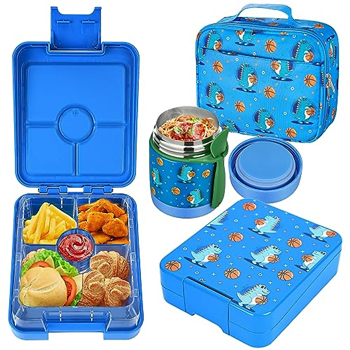 Bento Lunch Box Set for Kids with 10oz Soup Thermo, Leak-Proof Lunch Containers with 4 Compartment, Kids Thermo Hot Food Jar and Insulated Lunch Bag for Kids to School,BPA-Free(Basketball)