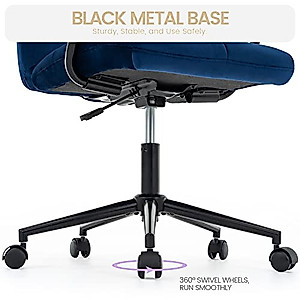 MFD LIVING Velvet Home Office Desk Chair, Upholstered Adjustable Swivel Task Chair with Wheels, Tufted Mid-Back Computer Chair with Arms, for Study Living Room Vanity (Blue, Black Base)