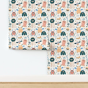 Commercial Grade Wallpaper Swatch - Cute Kids Monsters Watercolor Pastel Playful Room Monster Creature Bat Spooky Spider Web Moon Stars Traditional Wallpaper by Spoonflower