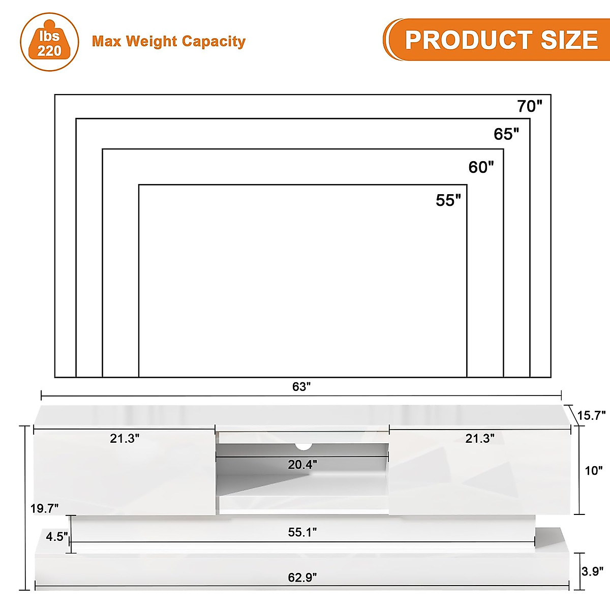 Koifuxii White LED TV Stand - Modern TV Stand with Led Lights and Storage Drawers for TVs up to 70 Inch - Gaming TV Entertainment Stand for Living Room, Bedroom