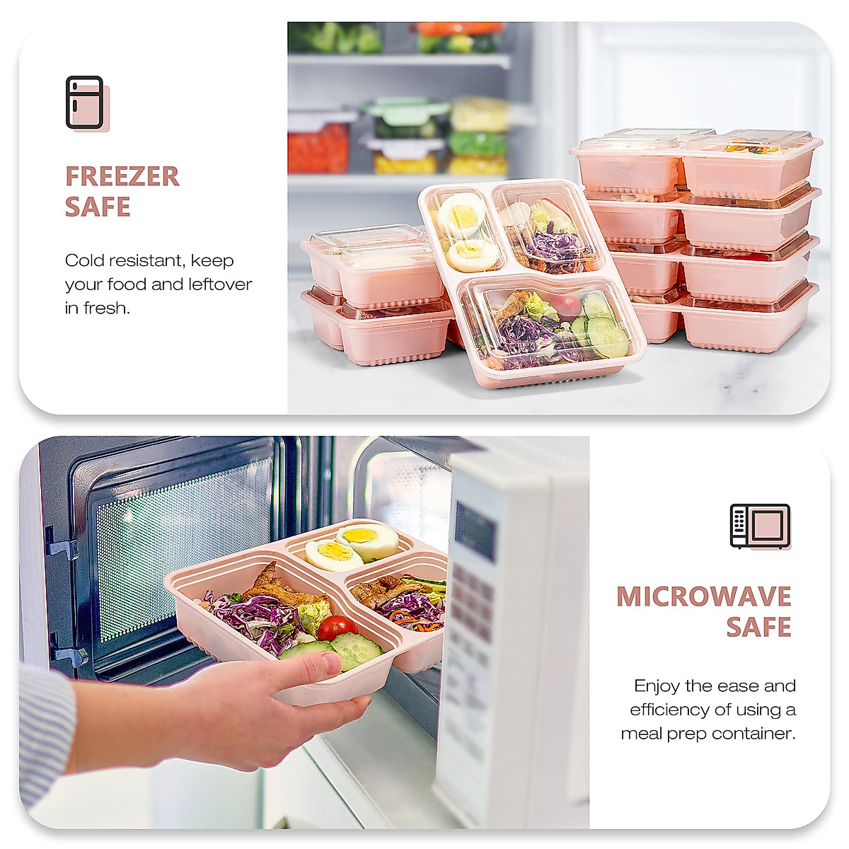 Glotoch Express Meal Prep Container 3 Compartment, 15 Packs 34 oz To Go Containers, Plastic Containers With Lids For Storage-Microwave&Freezer&Dishwasher Safe, Eco-Friendly, BPA-Free&Stackable, Pink