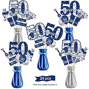 24pcs 50th Birthday Decorations Table Topper for Men, Blue Silver 50 Year Old Birthday Table Centerpiece Sticks Party Supplies, Happy Fifty Birthday Photo Backdrop Decor Sign