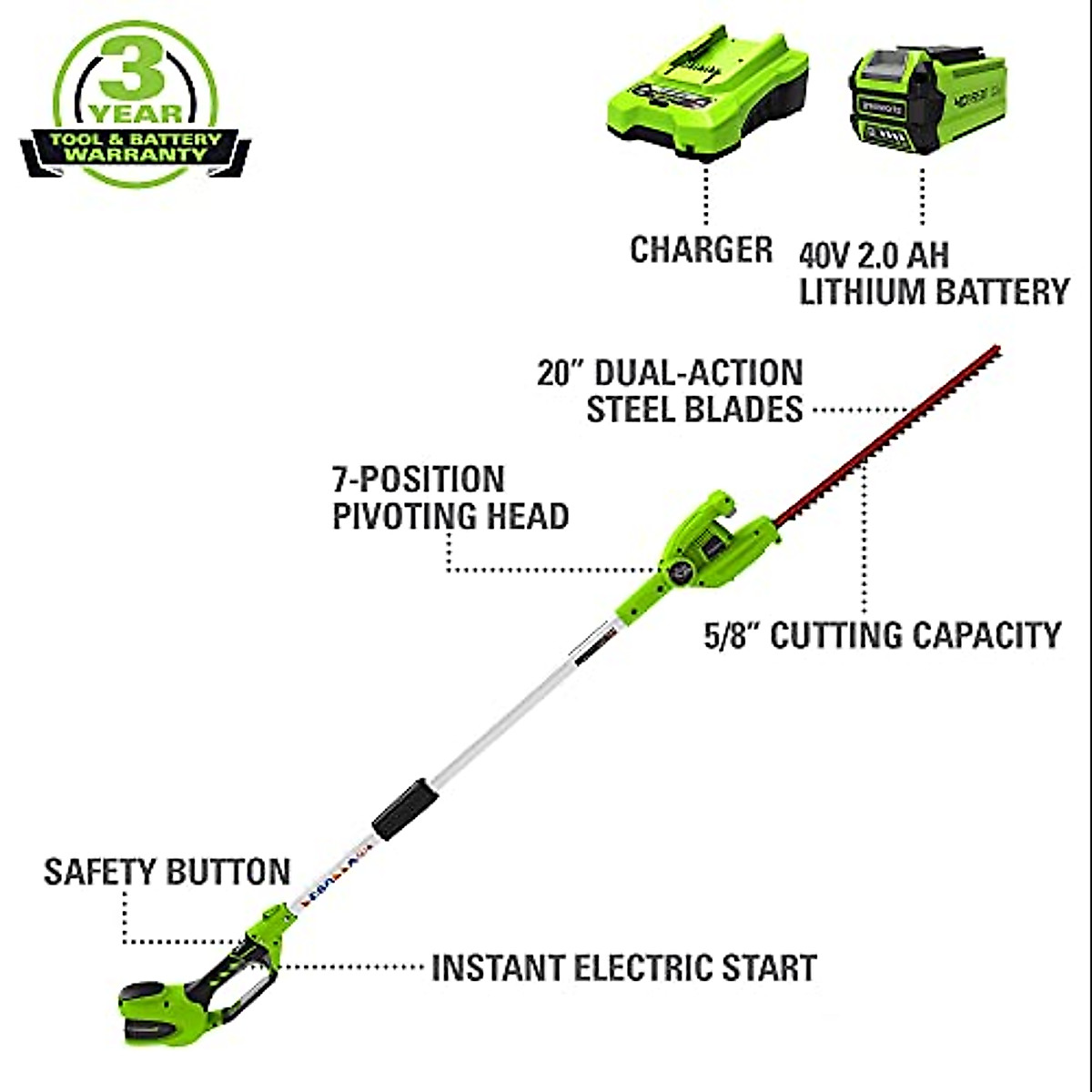 Greenworks 40V 20" Cordless Pole Hedge Trimmer, 2.0Ah Battery and Charger Included
