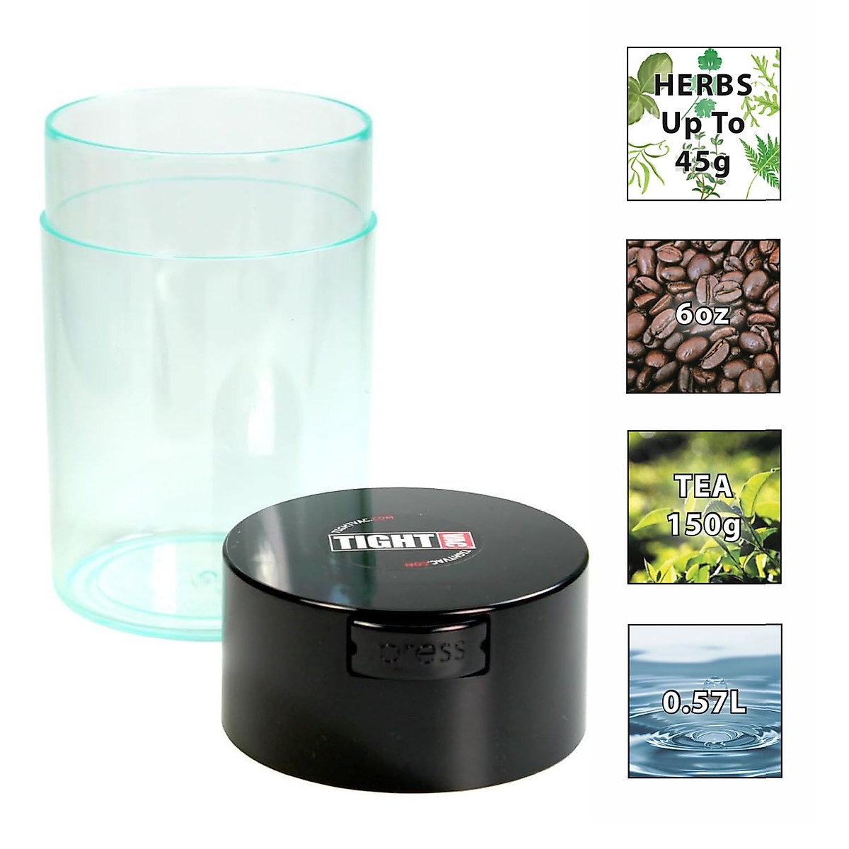 Tightvac - 1 oz to 6 ounce Airtight Multi-Use Vacuum Seal Portable Storage Container for Dry Goods, Food, and Herbs - Black Cap & Clear Body