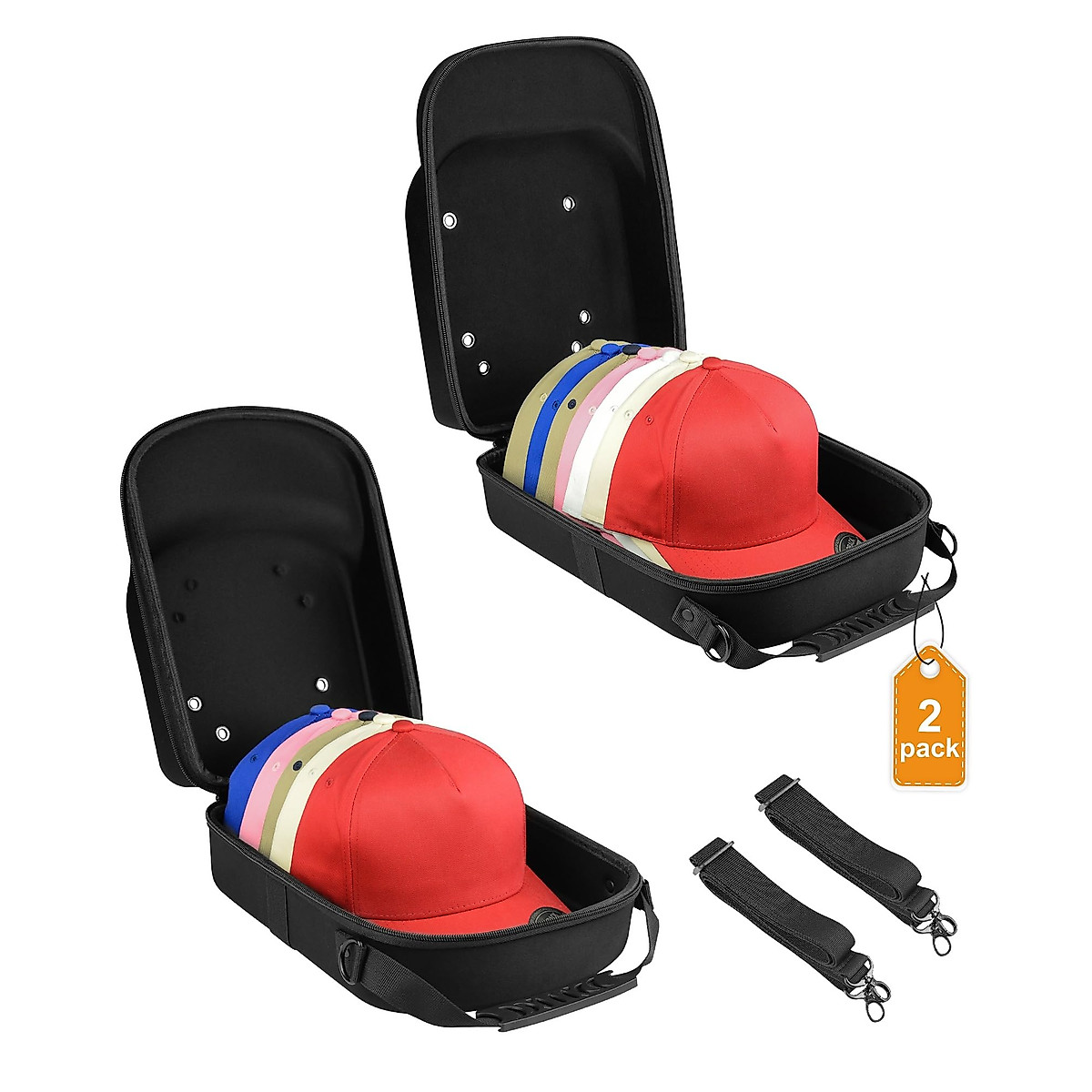 Allgawise Set of 2 Hard Hat travel Cases for Baseball Caps - Hat Storage Organizer Holder with Handle, Shoulder Strap and Trolley Sleeve, Protect up to 10 Hats for Outdoor and Home Storage, Black