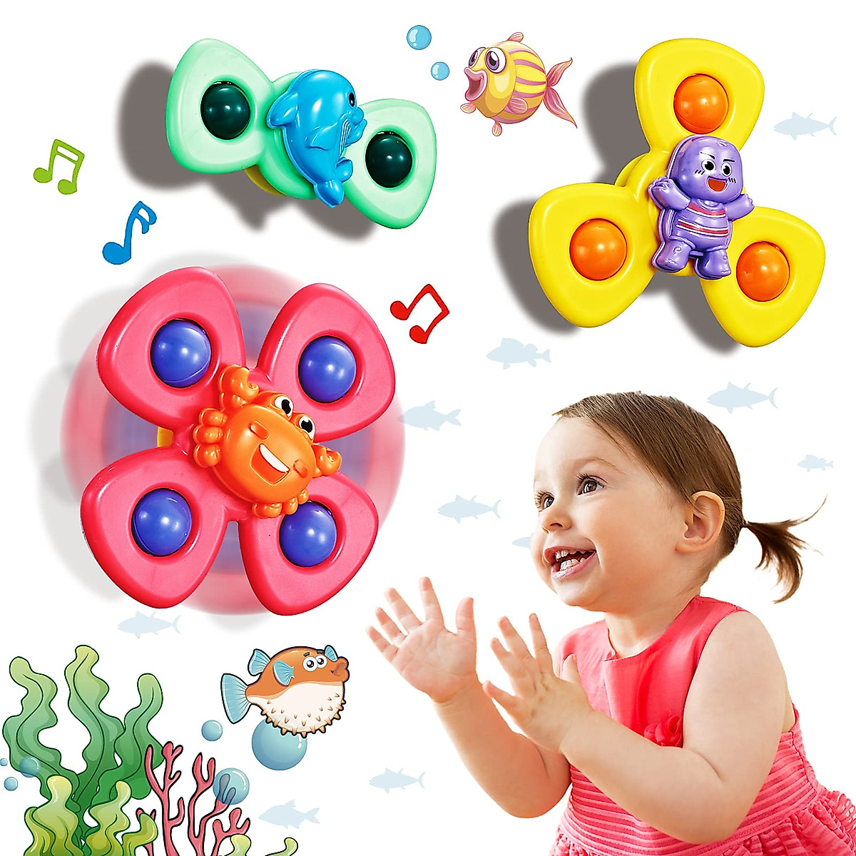 Chylldem Spinning Top Toys with New Upgrade Suction Cup for 6+ Month Boys and Girls, Baby Rattle Toy Set and Gifts for Babies, Crab, Turtle, Dolphin - 3 Count (Pack of 1)