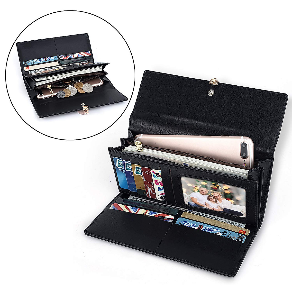 UTO RFID Wallet for Women PU Leather Leaf Pendant Card Holder Phone Checkbook Organizer Zipper Coin Purse Black