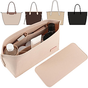 Doxo Purse Organizer Insert for Handbags & Base Shaper 2pc Set,Felt Le Pliage Large Tote,Bag Organizer with Zipper 3 Sizes,Compatible with Speedy Neverfull MM and More(Beige-L-Combination)