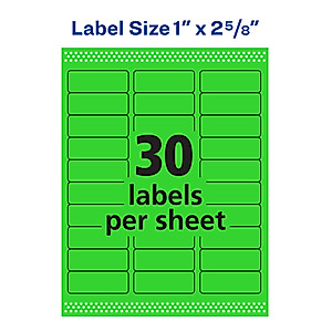 Avery Printable Address Labels with Sure Feed, 1" x 2-5/8", Assorted Neon (Magenta, Green and Yellow), 450 Blank Mailing Labels (5979)