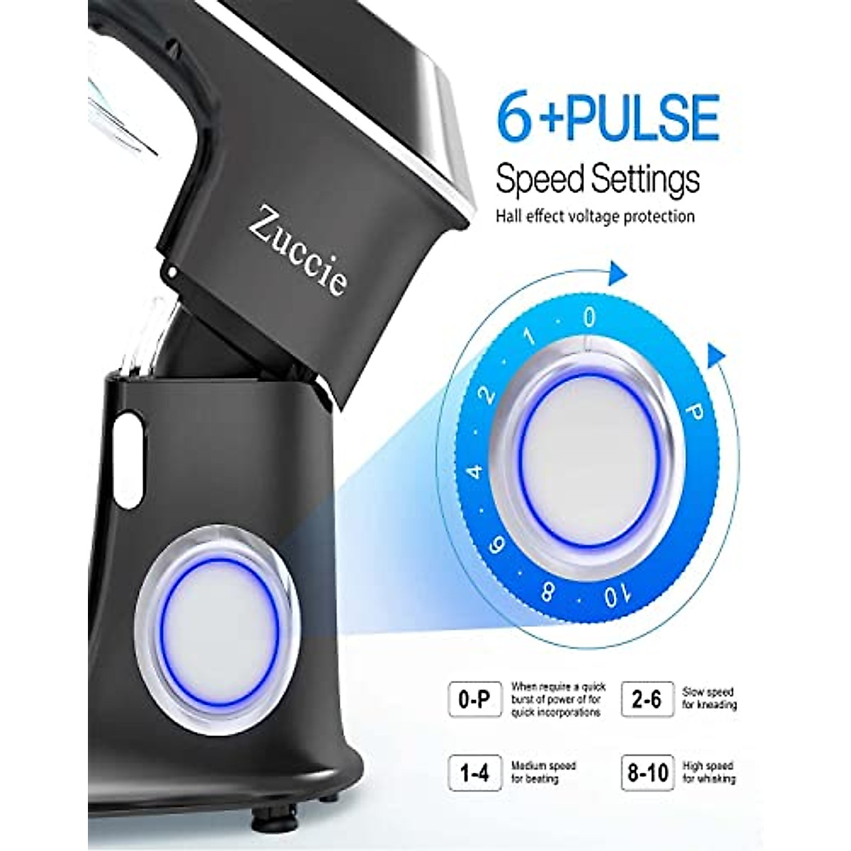 Stand Mixer, Zuccie 660W 6-Speed Tilt-Head Food Mixer, 8L Mixers Kitchen Electric Stand Mixer with Dough Hook, Wire Whip, Beater & Splash Guard (8.5QT, Black)