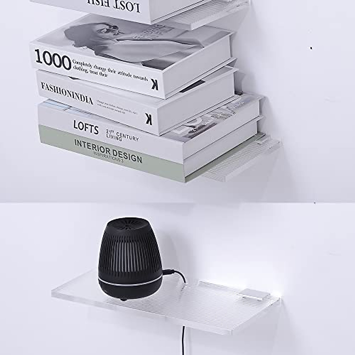 maulehua 12 Inch Clear Acrylic Floating Shelves with Invisible Metal Brackets Floating Wall Mounted Shelf for Bathroom, Living Room and Kitchen Set of 2