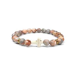 Handmade Cross Natural Colorful Stone Beads Elastic Adjustable Bangle Link Couple Friendship Minimalist Valentine’s Day Birthday Bracelet Jewelry for Women-pink