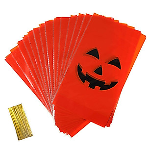 50 Pieces Halloween Favor Bags Pumpkin Smile Pattern Flat Cellophane Treat Bags Halloween Plastic Party Bags for Bakery, Popcorn, Cookies, Candies and Dessert with 100 Pieces Gold Twist Ties