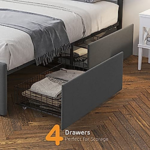 IDEALHOUSE Full Bed Frame with 4 Storage Drawers and Adjustable Headboard,Modern Grey Upholstered Bed