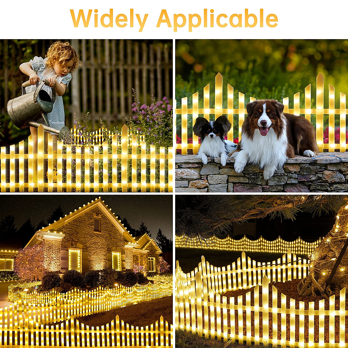 Hopolon 8 Pack 36LED Lighted Garden Fence,13.7x11.8inch Christmas Tree Fence Lights Plug in,8 Modes White Plastic Edgings Picket Decorative Fence for Landscape patio Yard Path Home Xmas,Warm White