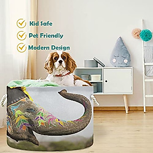 visesunny India Elephant with Painted Laundry Baskets Fabric Storage Bin Storage Box Collapsible Storage Basket Toy Clothes Shelves Basket for Bathroom,Bedroom,Nursery,Closet,Office