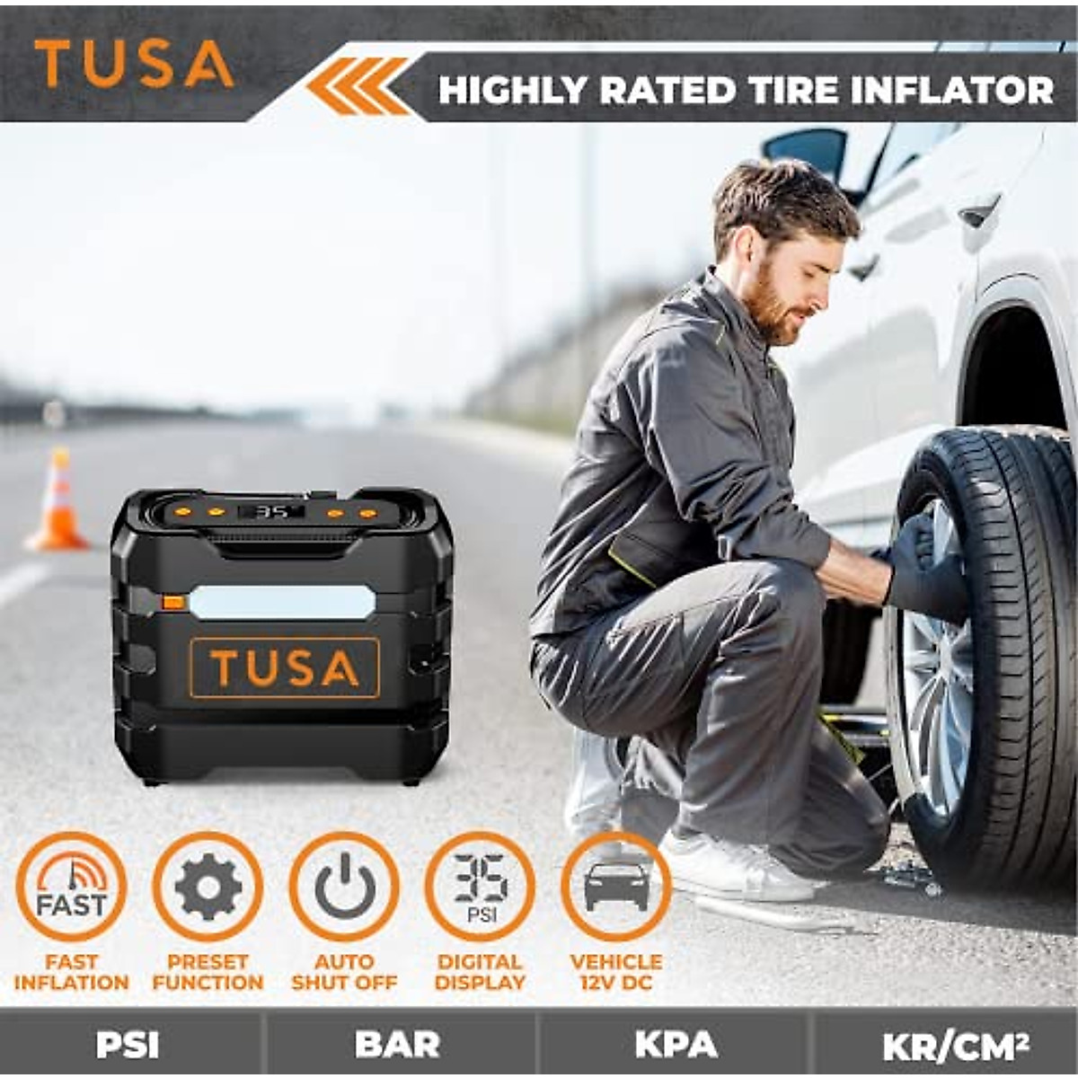 TUSA Tire Inflator Portable Air Compressor for Car - Air Pump Works continuously for up to 30 Minutes (up to 150 PSI with Emergency LED Light)