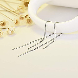 A Pair 925 Sterling Silver Tassel Threader Drop Earrings Long Chain Ear Line (Silver)