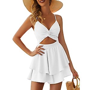 AGERWAY Rompers For Women Summer Romper Dresses For Women Ruffle Romper White Romper Short Romper L