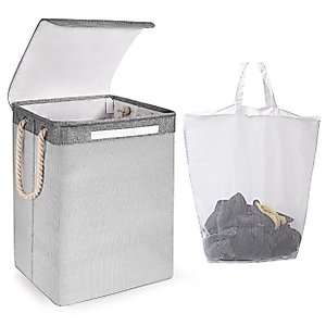 GZMXM Large Laundry Hamper 75L Tall Collapsible Laundry Basket with Lid and Removable Bag Foldable Dirty Clothes Hamper with Rope Handles Durable Storage Basket Clothing and Toys Organization-Grey