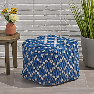 Christopher Knight Home Ophelia Outdoor Cube Pouf, Boho, Blue and White Yarn