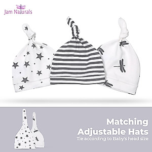 Jam Naturals- Organic Knotted Tie Bottom Adjustable Velcro Swaddle and Hat Set of 3, Newborn Sleep Sack (0-3m, 7-14lbs Grey)